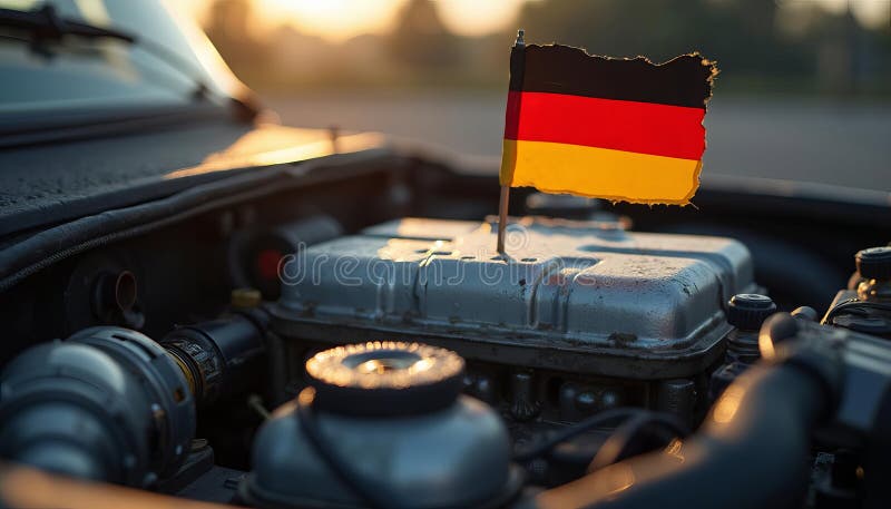 Close-up Bright 3d Engine with German Flag, Machine Industry and German ...