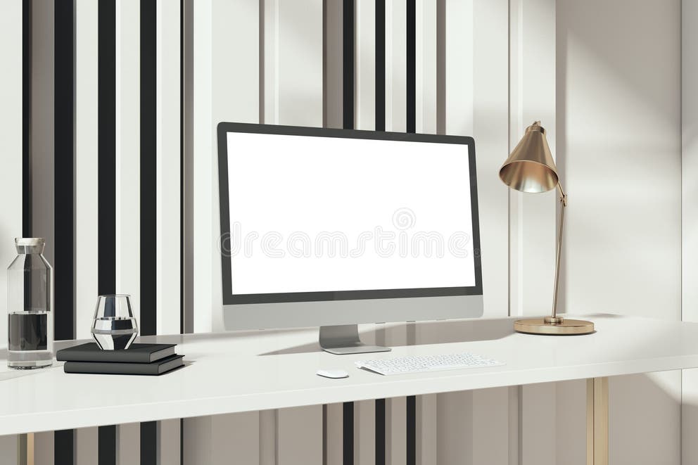 Close Up of Bright Designer Workplace with Empty Mock Up Computer ...