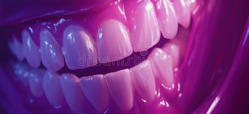Close-up of Bright, Healthy Teeth with Vibrant Purple Lighting Effects ...