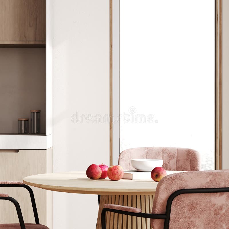 Close Up in Bright Kitchen Interior with Pink Chairs and Apples ...