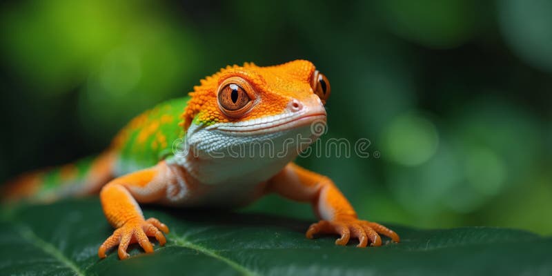 A Close-up of a Bright Orange and Green Gecko on a Leaf. Stock Photo ...