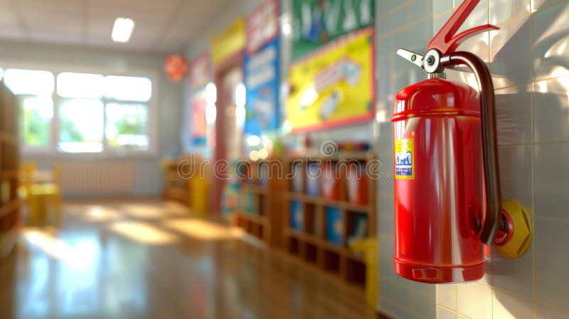 Close Up of a Bright Red Fire Extinguisher Mounted in a School ...
