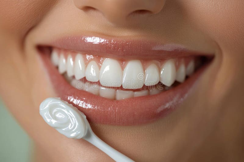 Close-up of a Bright White Smile and a Toothbrush with Toothpaste on it ...