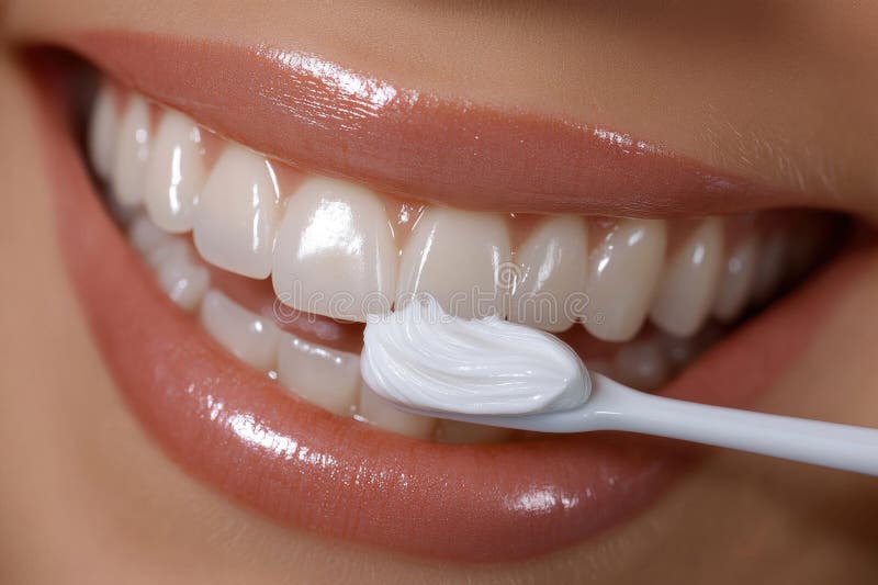 Close-up of a Bright White Smile and a Toothbrush with Toothpaste on it ...