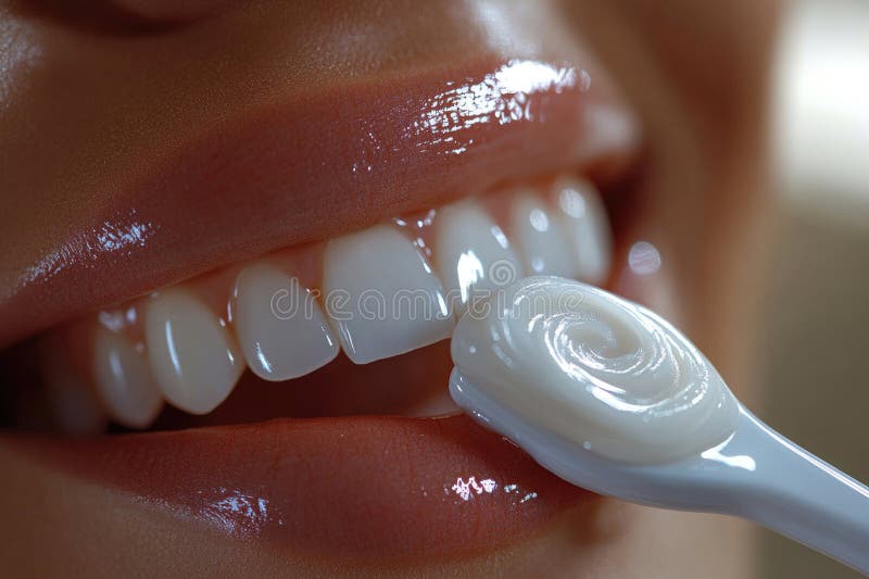 Close-up of a Bright White Smile and a Toothbrush with Toothpaste on it ...