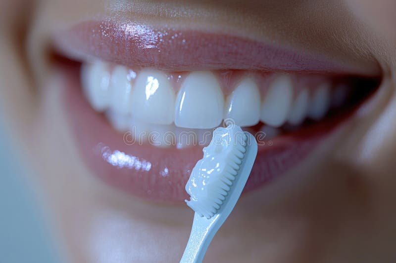 Close-up of a Bright White Smile and a Toothbrush with Toothpaste on it ...