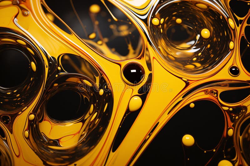 Close-up of a Bright Yellow Liquid with Bubbles on a Black Background ...