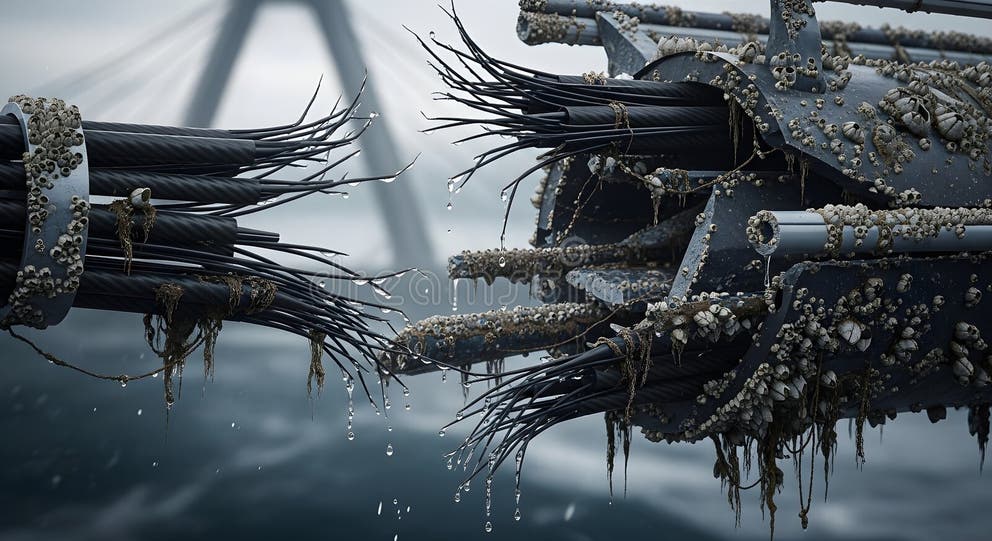 Close-up of a Broken Bridge Cable Covered in Barnacles and Dripping ...