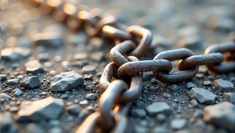 A Close-up of Broken Chains Lying on a Rough, Rocky Ground, Symbolizing ...