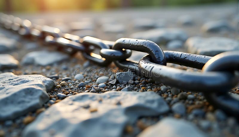 A Close-up of Broken Chains Lying on a Rough, Rocky Ground, Symbolizing ...