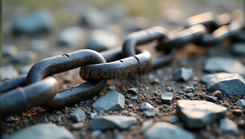A Close-up of Broken Chains Lying on a Rough, Rocky Ground, Symbolizing ...
