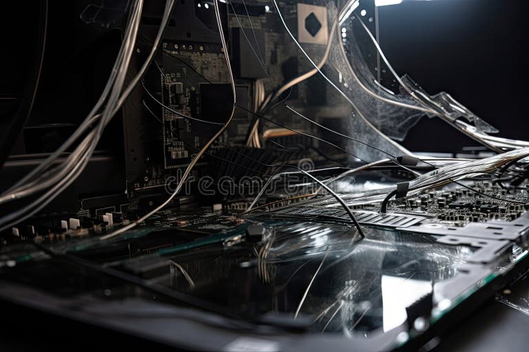 Close-up of Broken Computer Screen, with Wires and Cables Visible Stock ...