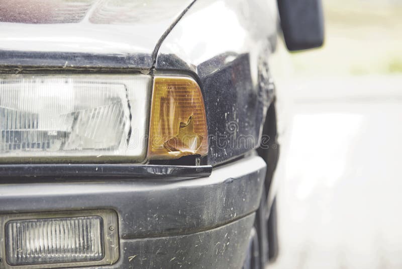 Close Up on Broken Front Light in the Blue Car Stock Photo - Image of ...