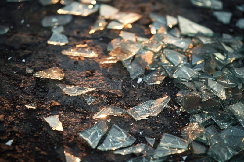 Close-up of Broken Glass Pieces Scattered on Rough Ground in Sunlight ...
