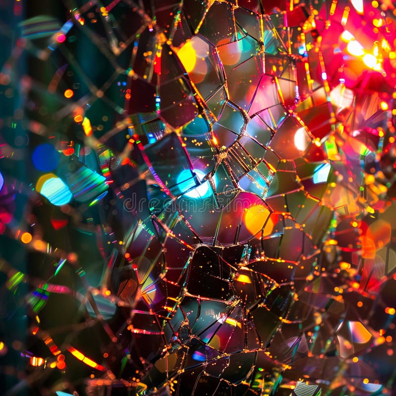 A Close Up of a Broken Glass Window with Colorful Lights Stock Image ...
