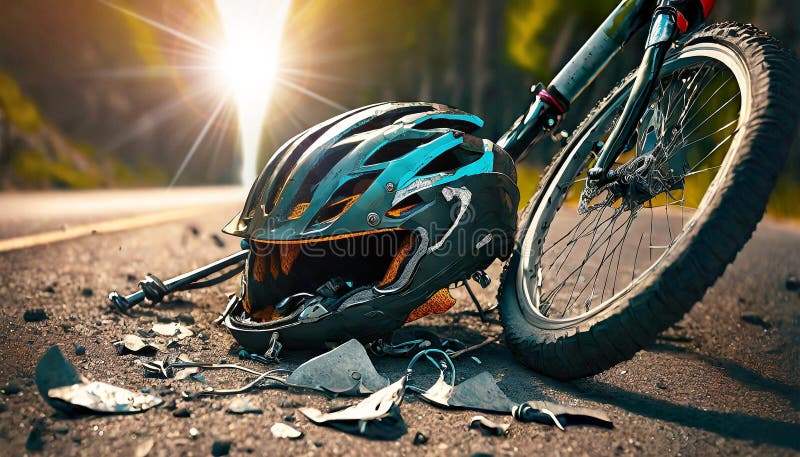 Broken Helmet and Bicycle Lying on the Road after an Accident ...