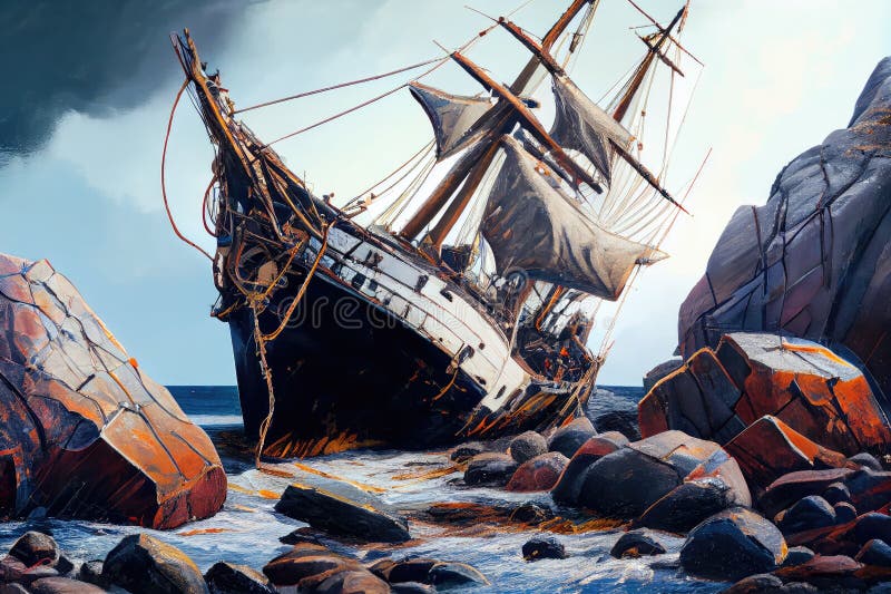 Close-up of the Broken Hull and Rigging of a Ship Ran Aground on Rocky ...