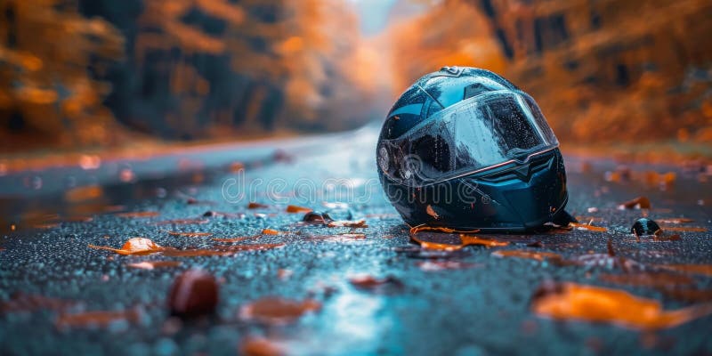 Close-up of a Broken Motorcycle Helmet. Helmet on the Asphalt after an ...