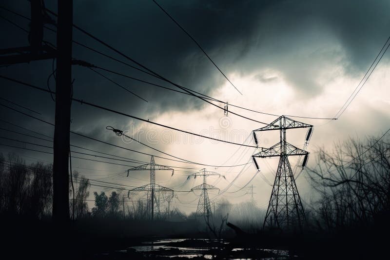 Close-up of Broken Power Lines Surrounded by Stormy Clouds Stock ...