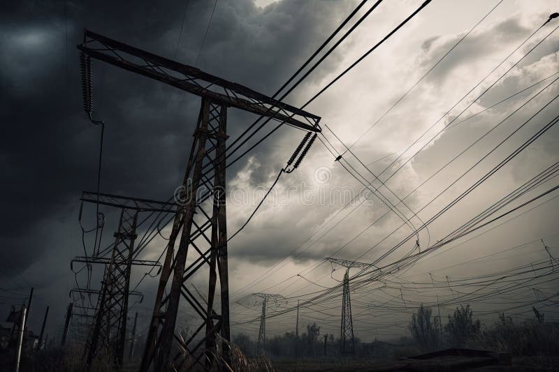 Close-up of Broken Power Lines Surrounded by Stormy Clouds Stock ...