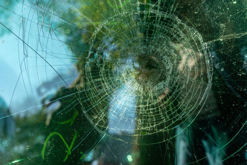 Close-up of Broken Window with Trees in Background Stock Image - Image ...