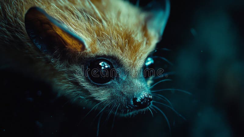 Close Up of a Brown Bat with Bright Eyes in Dark Teal Background Stock ...