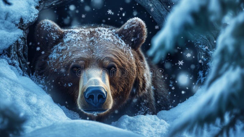 Close-up of a Brown Bear S Face with Snow Falling in the Background ...