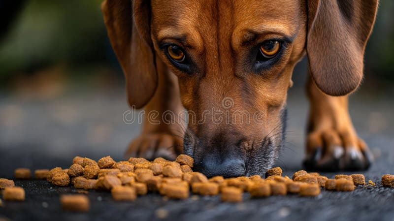 A Close-up of a Brown Dog Eating Kibble from the Ground with a Focused ...