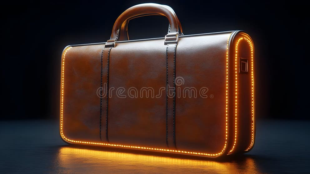 Close Up of a Brown Leather Briefcase with Glowing Edges on Dark ...