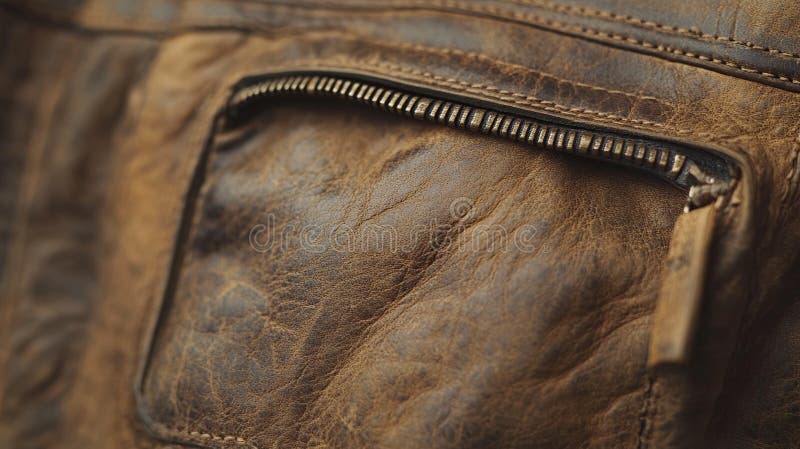 Close-up of Brown Leather Jacket Texture with Zippered Pocket Stock ...