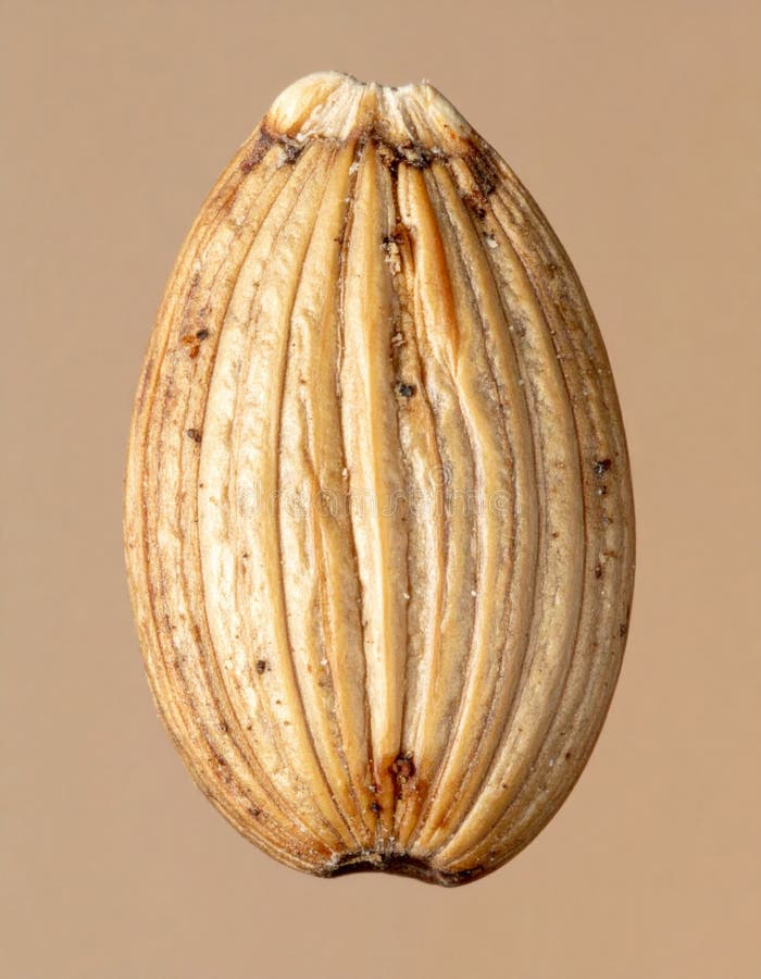 Close-up of a Brown Seed with Detailed Ridges Against Beige Background ...