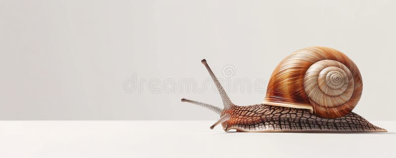 Close-up of a Brown Snail with Spiral Shell on White Surface ...