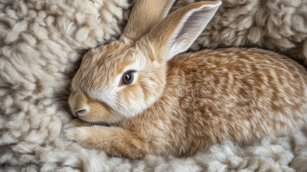 A Close-up of a Brown and White Rabbit Resting on a Furry Surface Stock ...