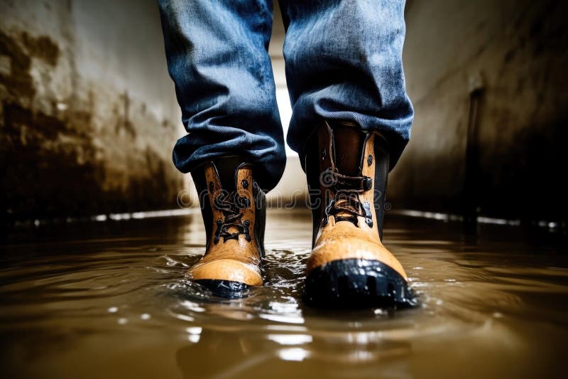 Close-up of Brown Work Boots in Shallow Water: Exploring Industrial ...