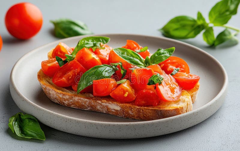 Close Up of a Bruschetta Topped with Tomatoes and Basil on a Gray Plate ...
