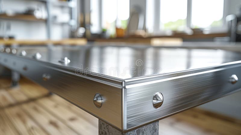 Close-up of a Brushed Metal Table Edge with Screws in a Workshop. Stock ...