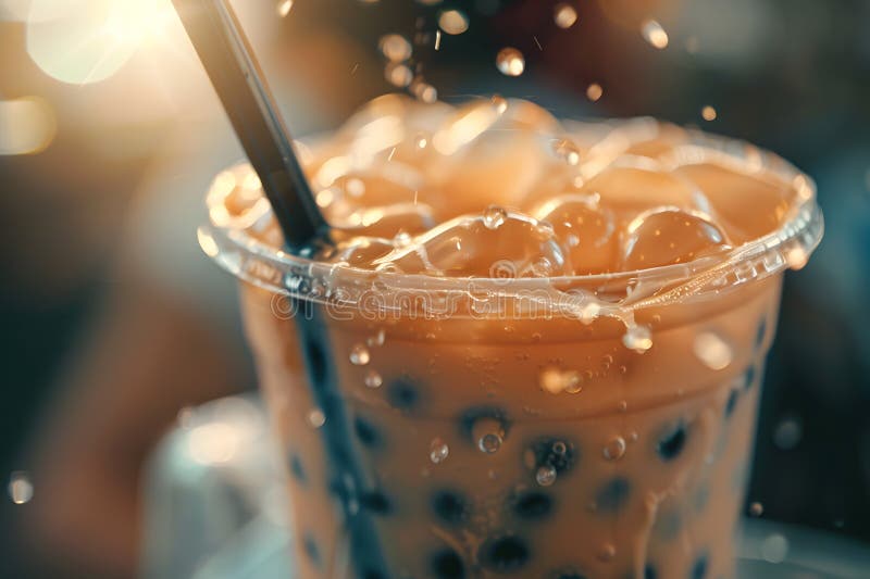 Close-up of a Bubble Tea with Splashing Droplets in a Plastic Cup with ...
