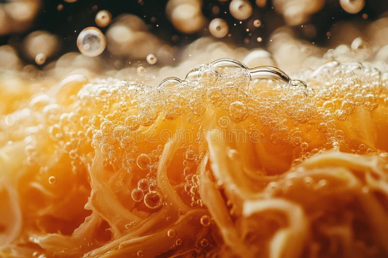 Close-up of Bubbling Fermenting Mass, Effervescent Golden Strands with Active Probiotic Cultures ...