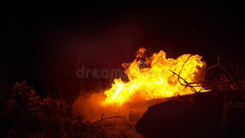 CLOSE UP: a Bucket of Fuel Gets Splashed Onto a Big Campfire Burning at ...