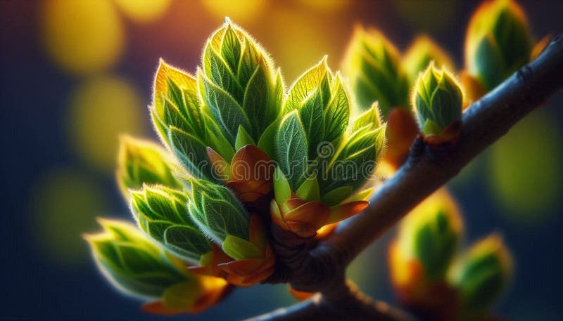 Close-Up of Budding Leaves on a Tree Branch, Capturing the Freshness of Spring Awakening in 8K ...