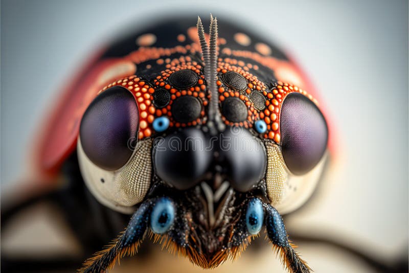A Close Up of a Bug with Blue Eyes and a Black Nose and Head with a Red ...