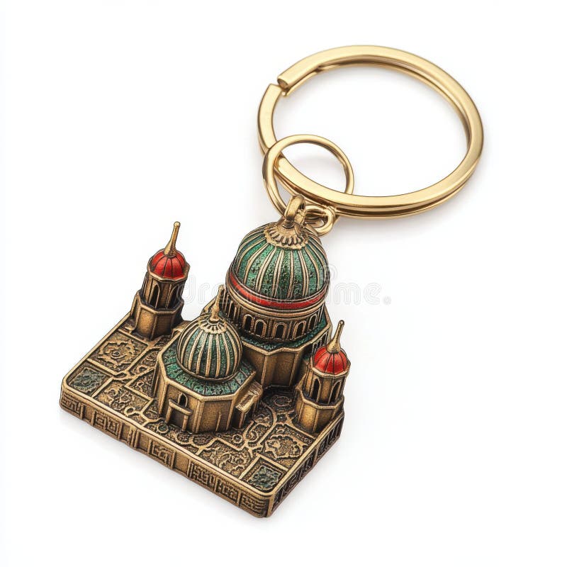 Close Up of a Building Keychain with a Golden Ring on White Background ...