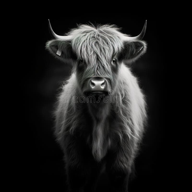 Close Up of a Bull Head. Highland Calf in Black and White High ...