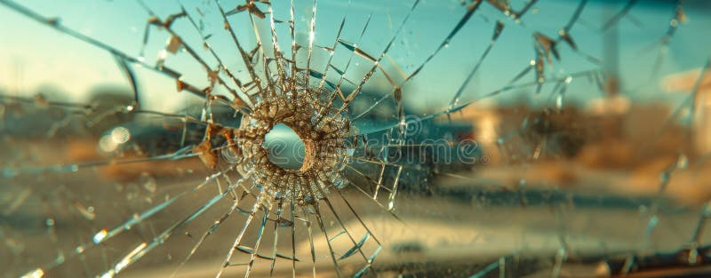 Close Up of a Bullet Hole in Shattered Windshield of Car Stock Image ...