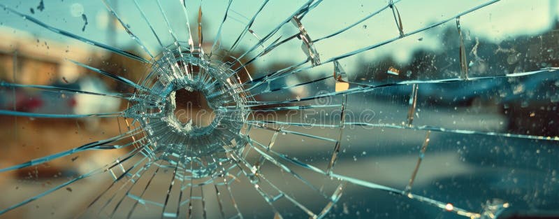 Close Up of a Bullet Hole in Shattered Windshield of Car Stock Photo ...