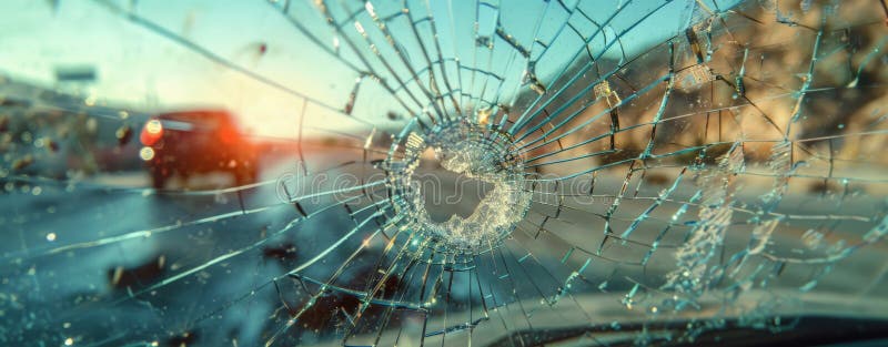 Close Up of a Bullet Hole in Shattered Windshield of Car Stock Photo ...
