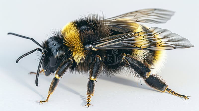 A Close-up of a Bumblebee with Its Wings Spread, Standing on a White ...