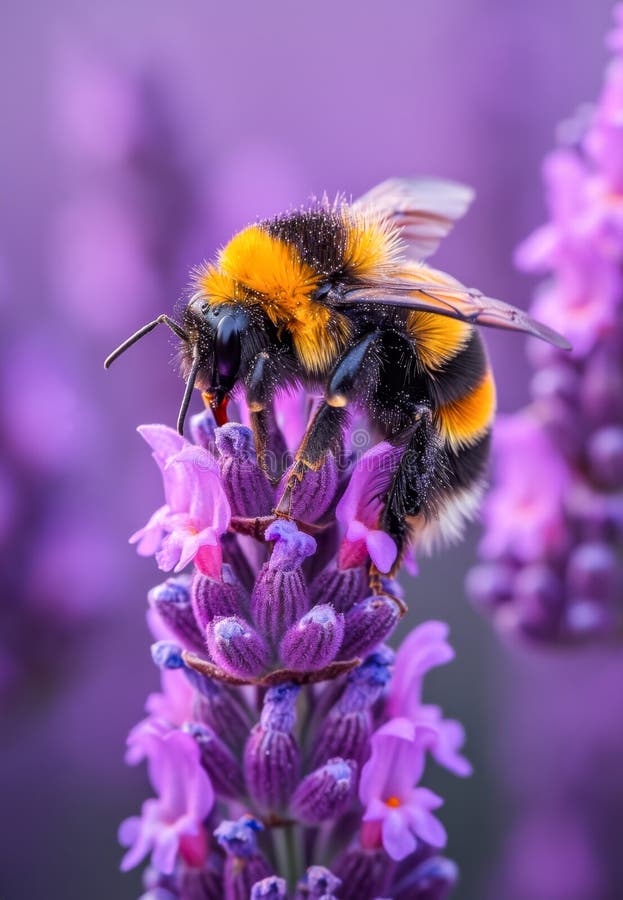 Close-up of Bumblebee Pollinating Purple Lavender Flowers Stock ...