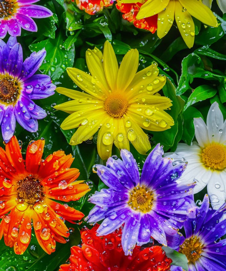 Close Up of a Bunch of Bright Colourful Flowers with Water Droplets ...