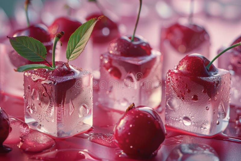 A Close Up of a Bunch of Cherries with a Few Ice Cubes on Top Stock ...